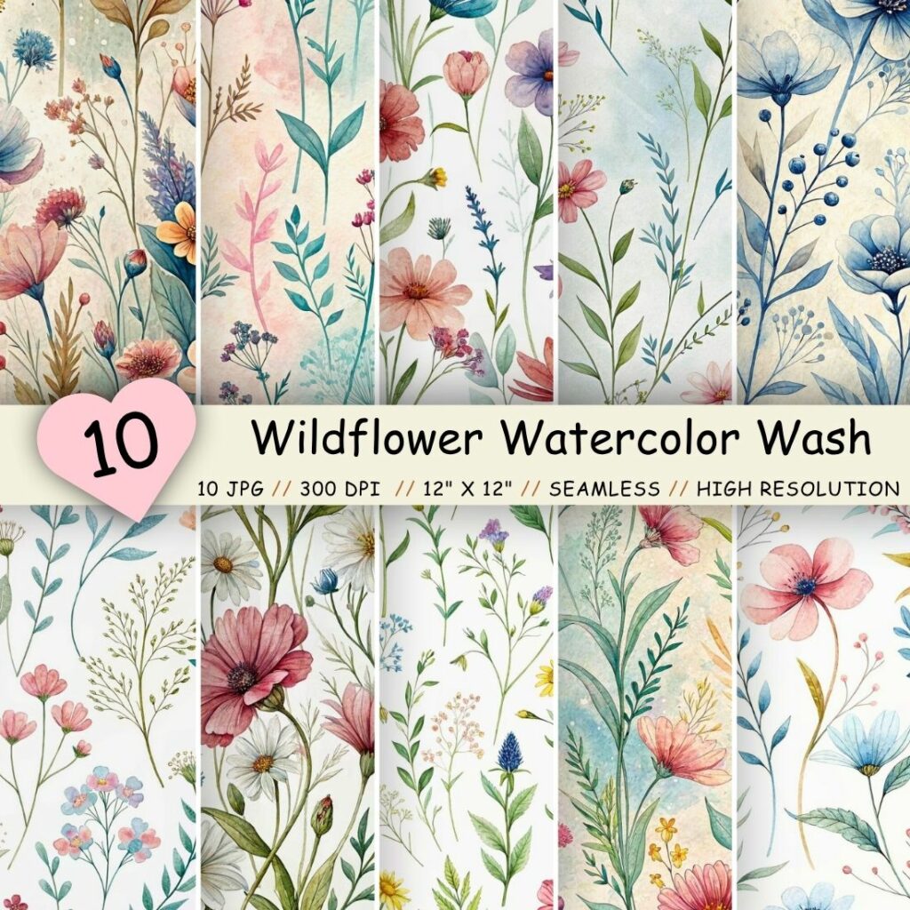 Wildflower Watercolor Wash Patterns, Seamless Digital Paper - MasterBundles