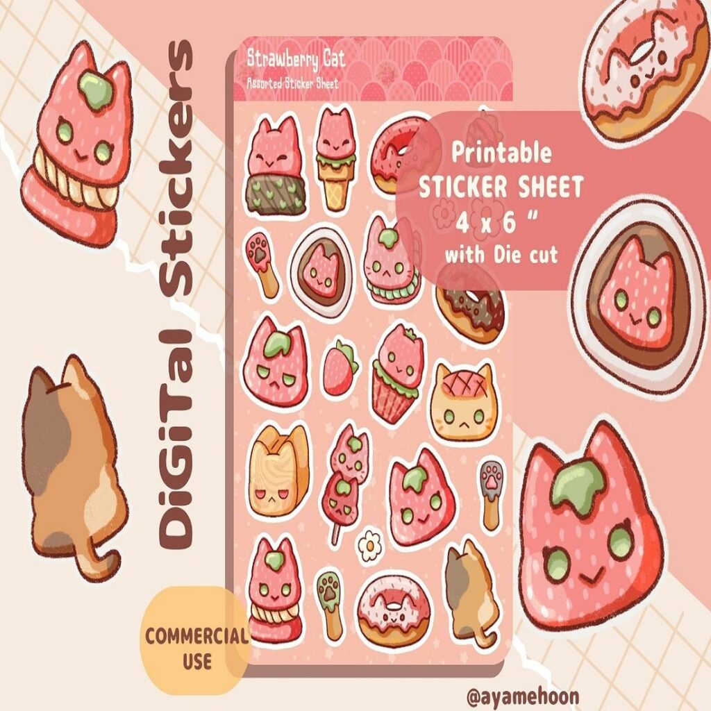 Strawberry cat Sticker Sheet Printable Digital stickers - MasterBundles