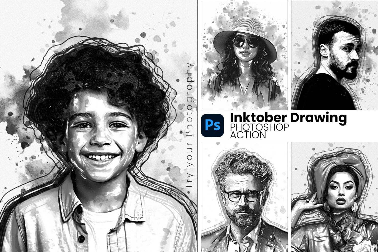 Inktober Drawing Photoshop Action - MasterBundles