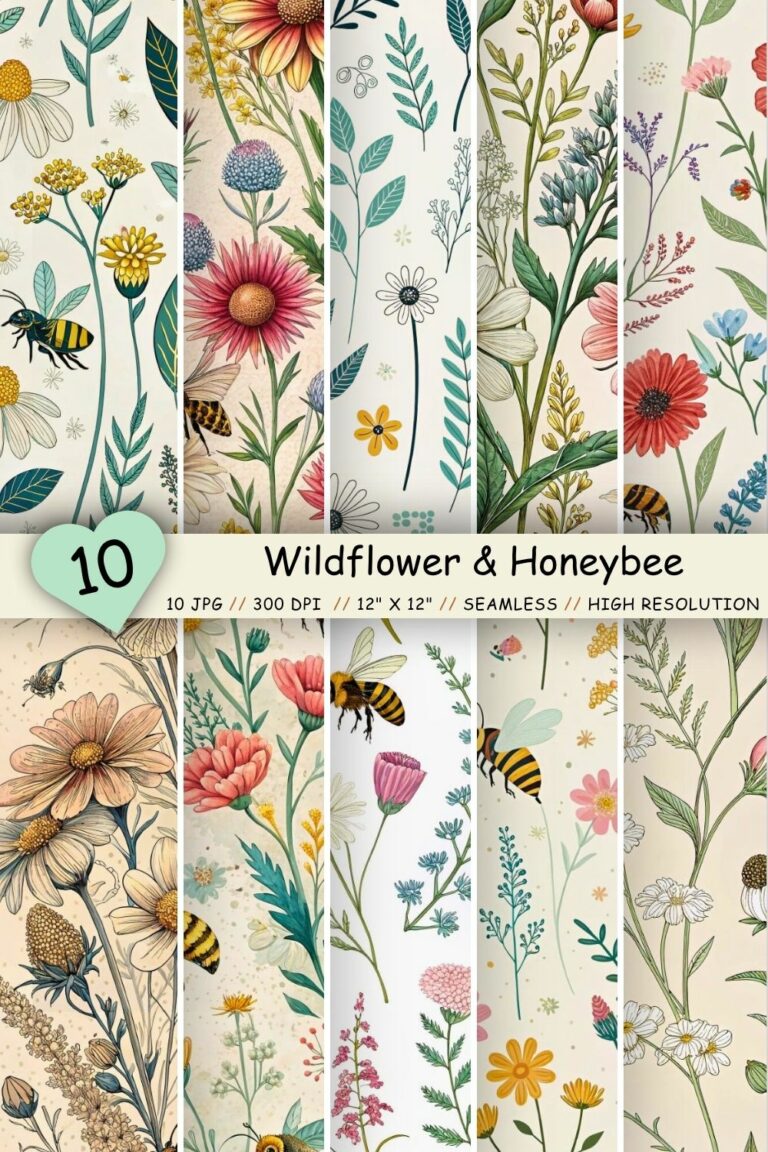 Wildflower & Honeybee Harmony Patterns, Seamless Digital Paper ...