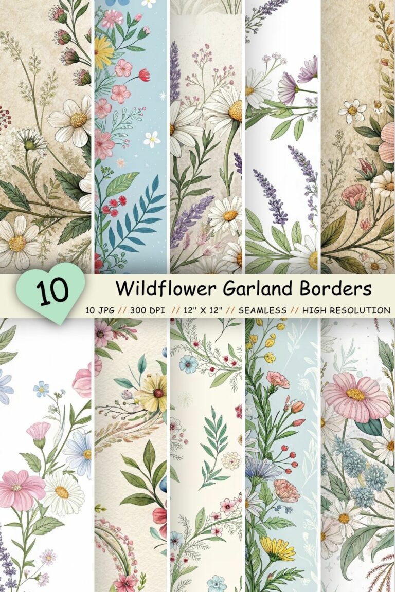 Wildflower Garland Borders Pattern, Seamless Digital Paper - MasterBundles