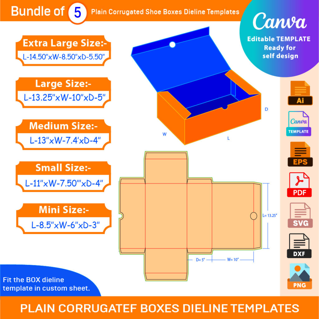 Bundle of 5 Plain Corrugated Shoe Boxes Dieline Templates - MasterBundles