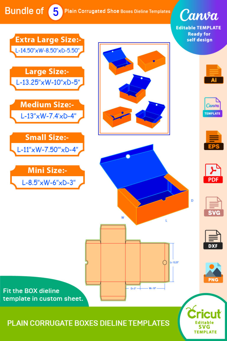 Bundle of 5 Plain Corrugated Shoe Boxes Dieline Templates - MasterBundles