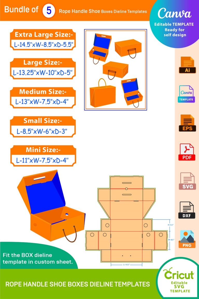 Bundle of 5 Rope Handle Shoe Boxes Dieline Templates - MasterBundles