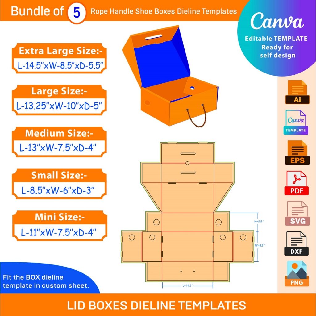 Bundle of 5 Rope Handle Shoe Boxes Dieline Templates - MasterBundles