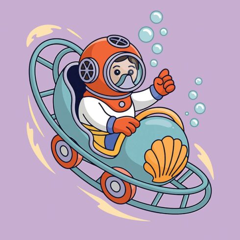 Diver in a sea shell amusement ride Cartoon fish swimming playfully in ...