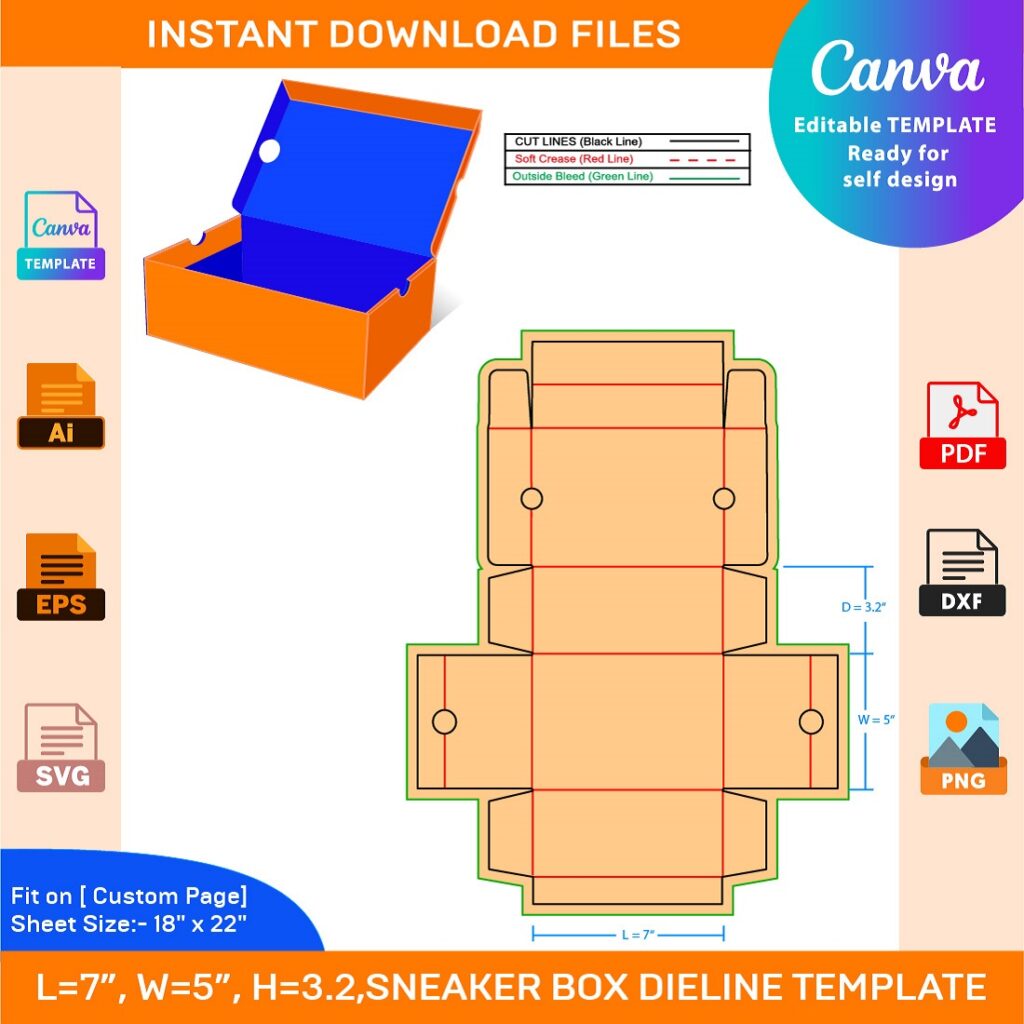 Kids Sneaker box Extra Large size 7x 5x3.2 Inch Dieline Template ...