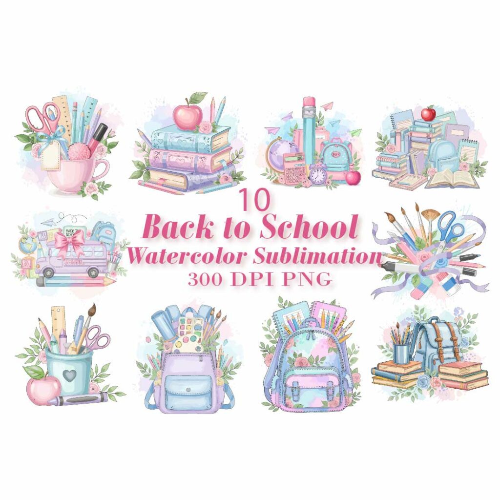 School Supplies Watercolor Sublimation - MasterBundles