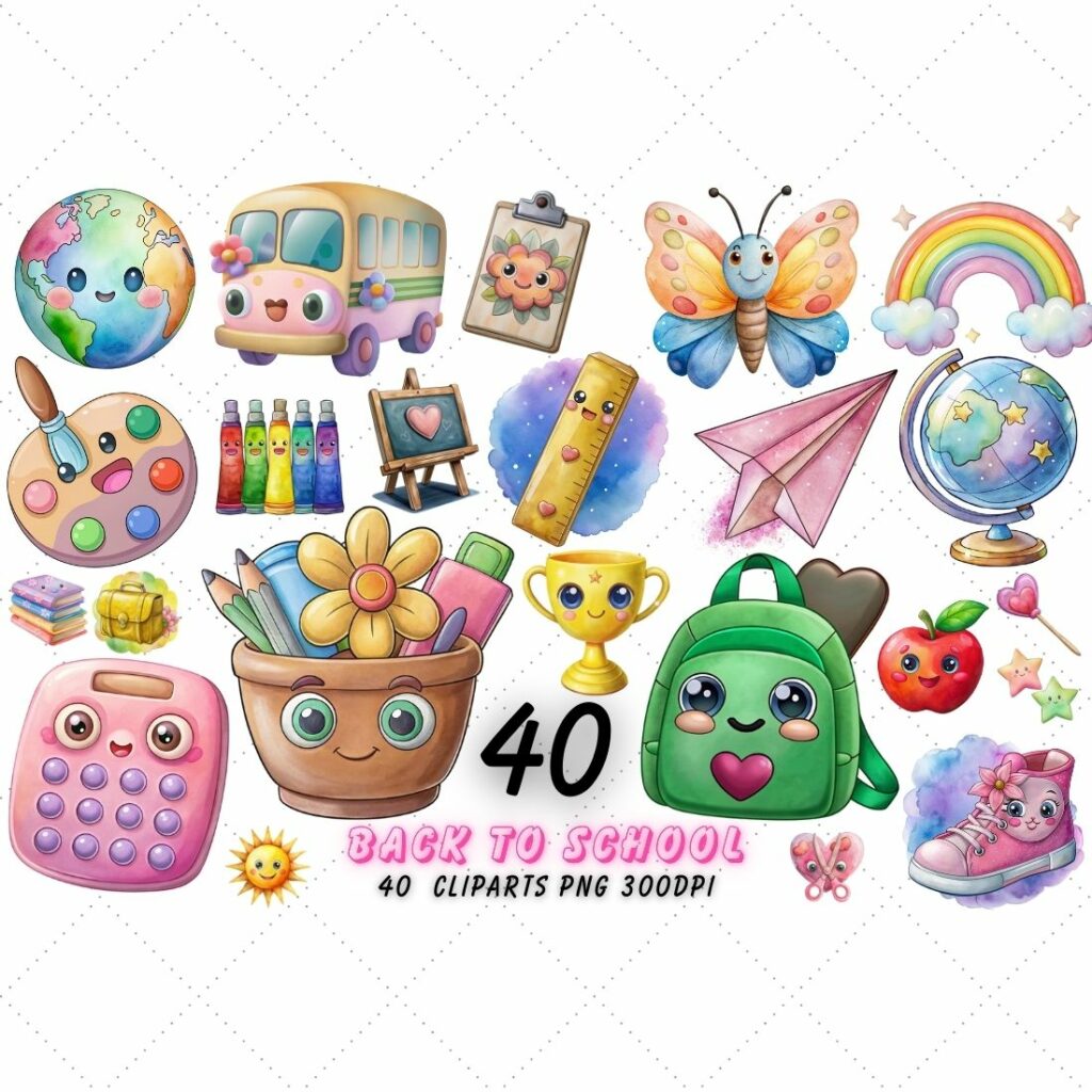 Back to School Clipart Bundle – 100 Days Of School, Kawaii School ...