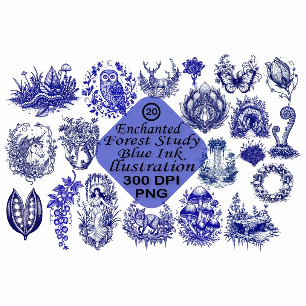 Enchanted Forest Blue Ink Art - MasterBundles