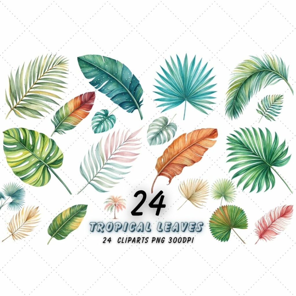 Tropical Leaves PNG, Watercolor Tropical Leaf Clipart Bundle, Greenery ...
