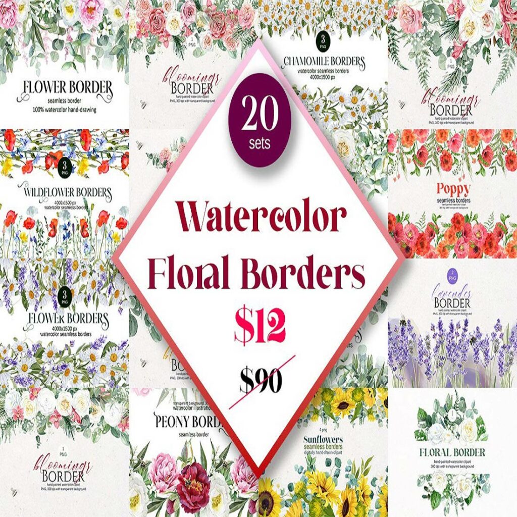 Watercolor Floral Seamless Border, Bundle - MasterBundles