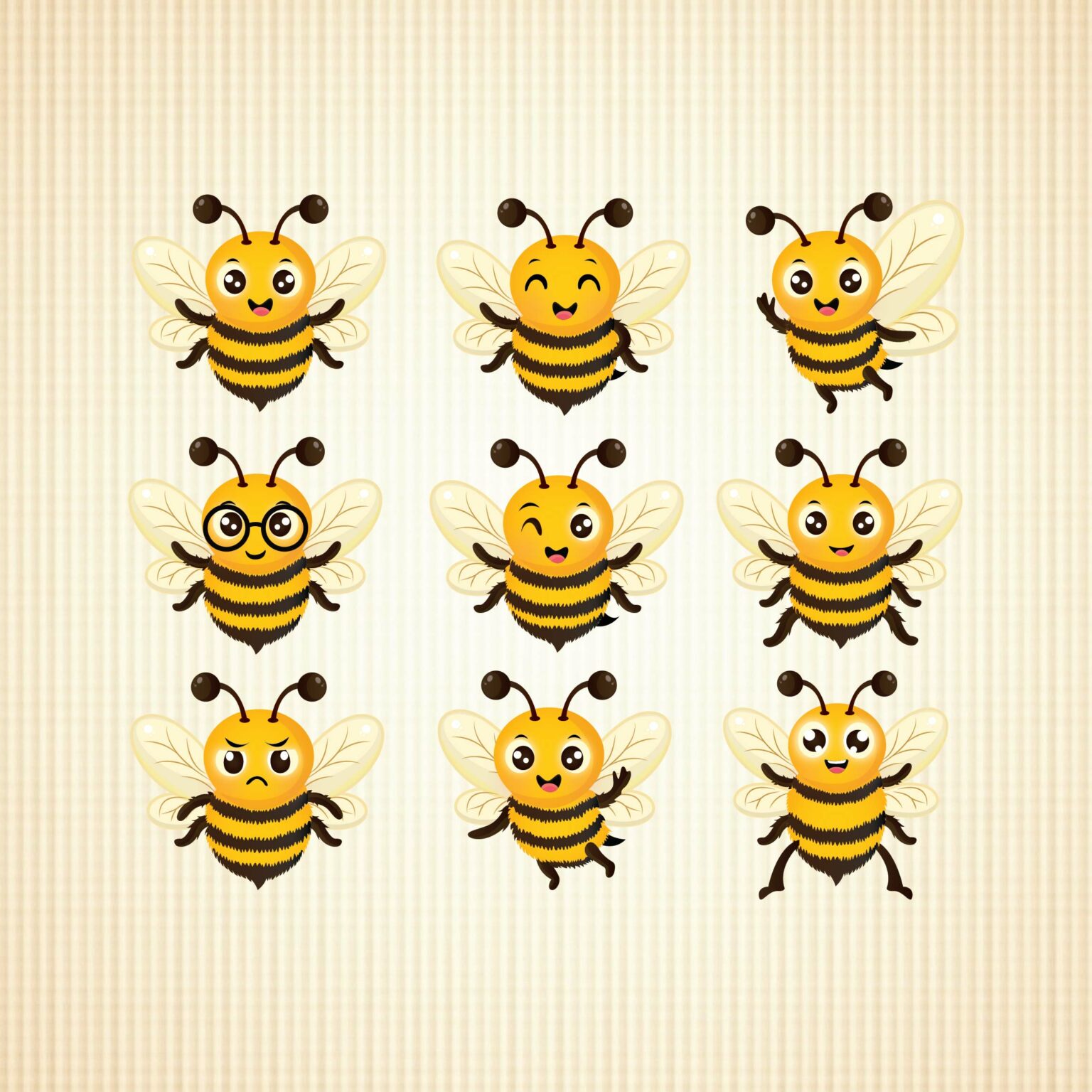 "Cute Cartoon Bee Clipart Set – 9 Emotions | PNG + Vector" - MasterBundles