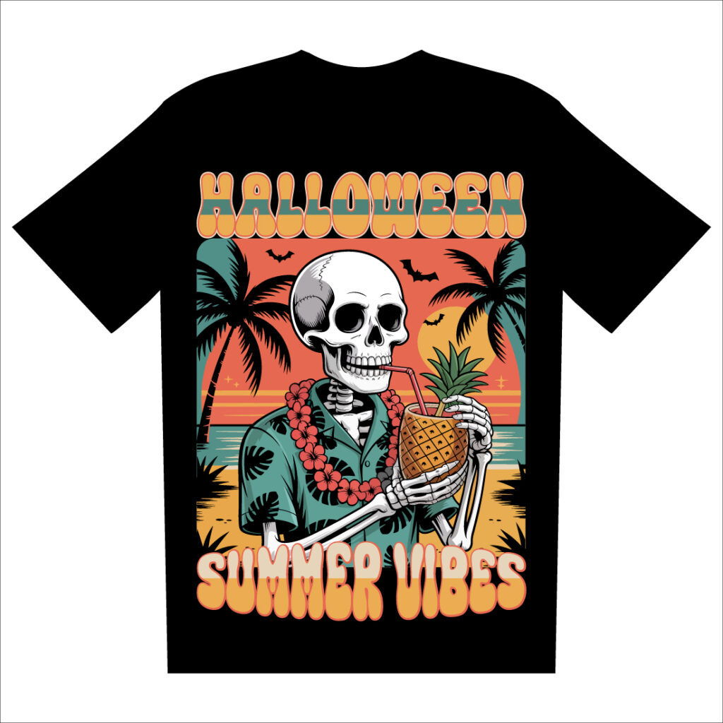 Retro Halloween Skeleton T-Shirt Design Summer Vibes, Tropical Beach ...