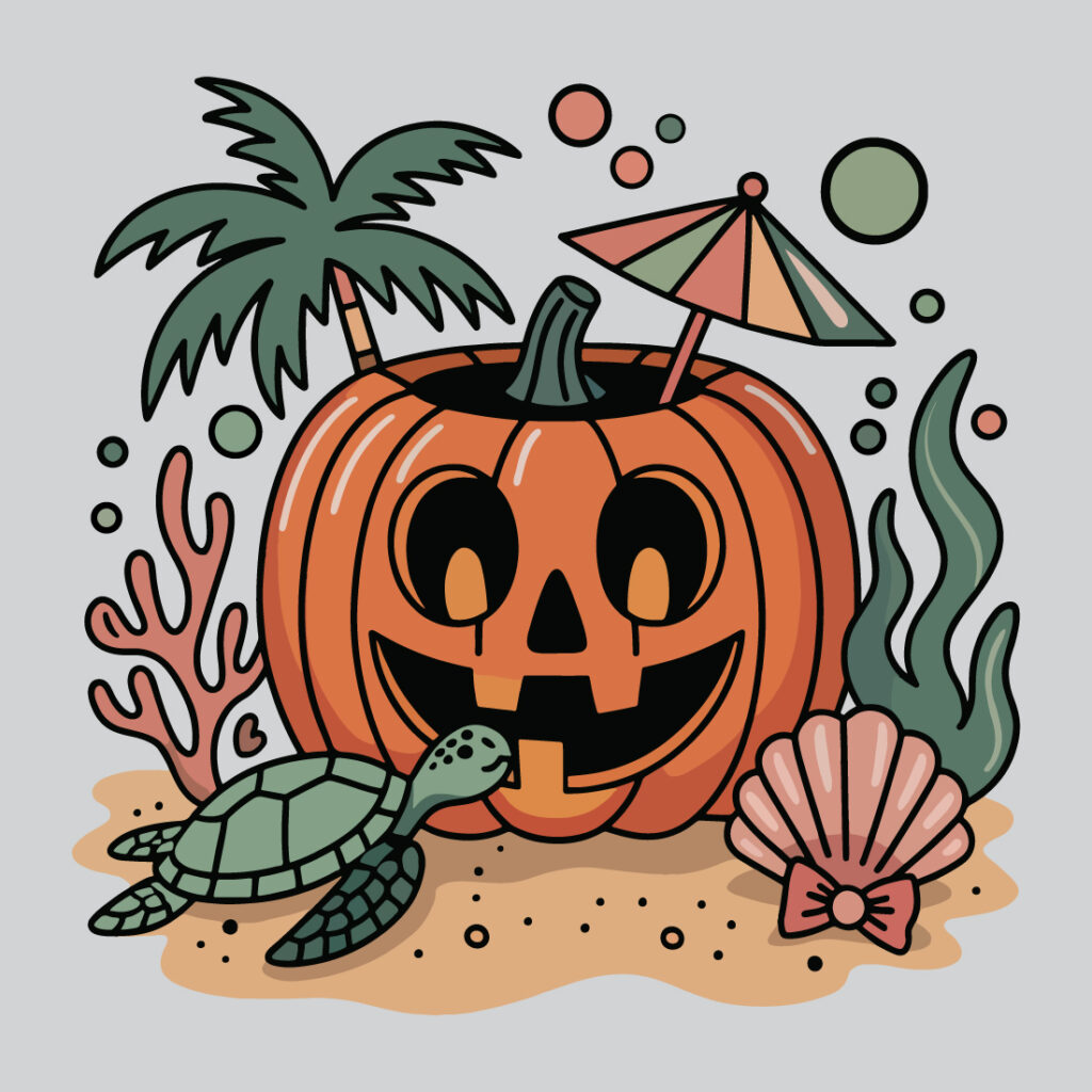 Tropical Halloween Pumpkin Cocktail Sea Turtle, Palm Tree, and Seashell ...