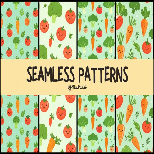 Kawaii Cute Vegetable Faces Seamless Patterns - MasterBundles