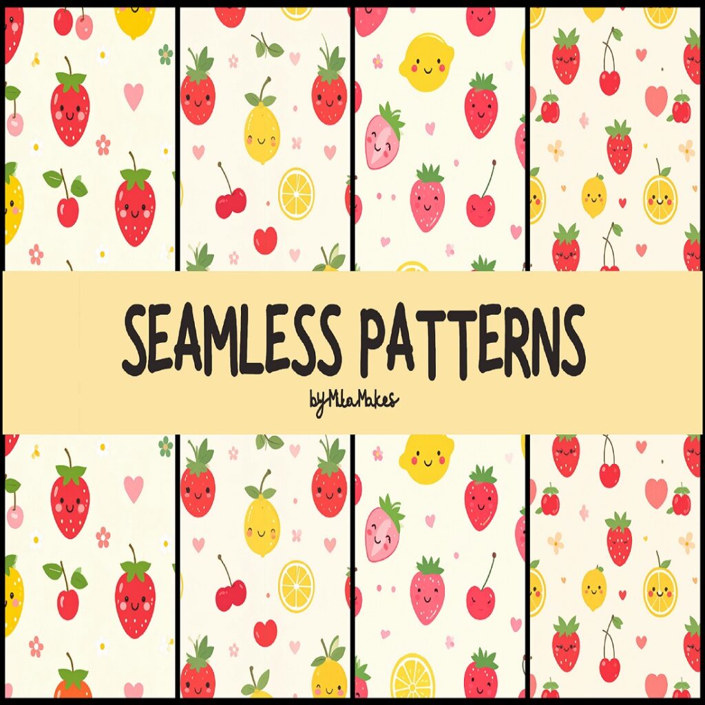 Cute Kawaii Fruit Faces Seamless Patterns - MasterBundles