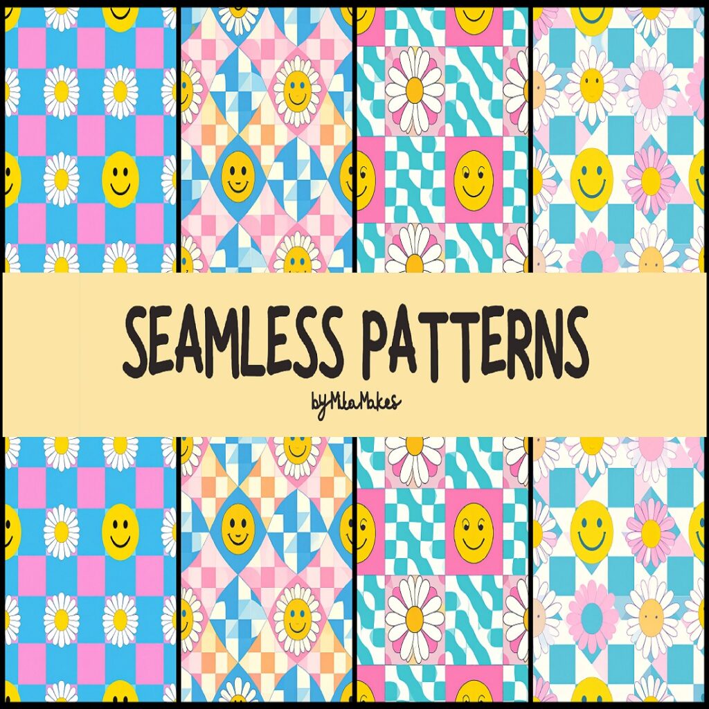 Retro Smiley Face and Daisies Checker Patterns - MasterBundles