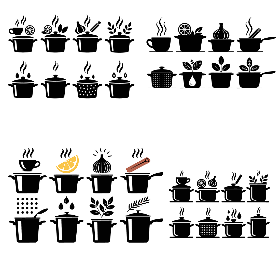 Cooking pots with steam and ingredients garlic vector - MasterBundles