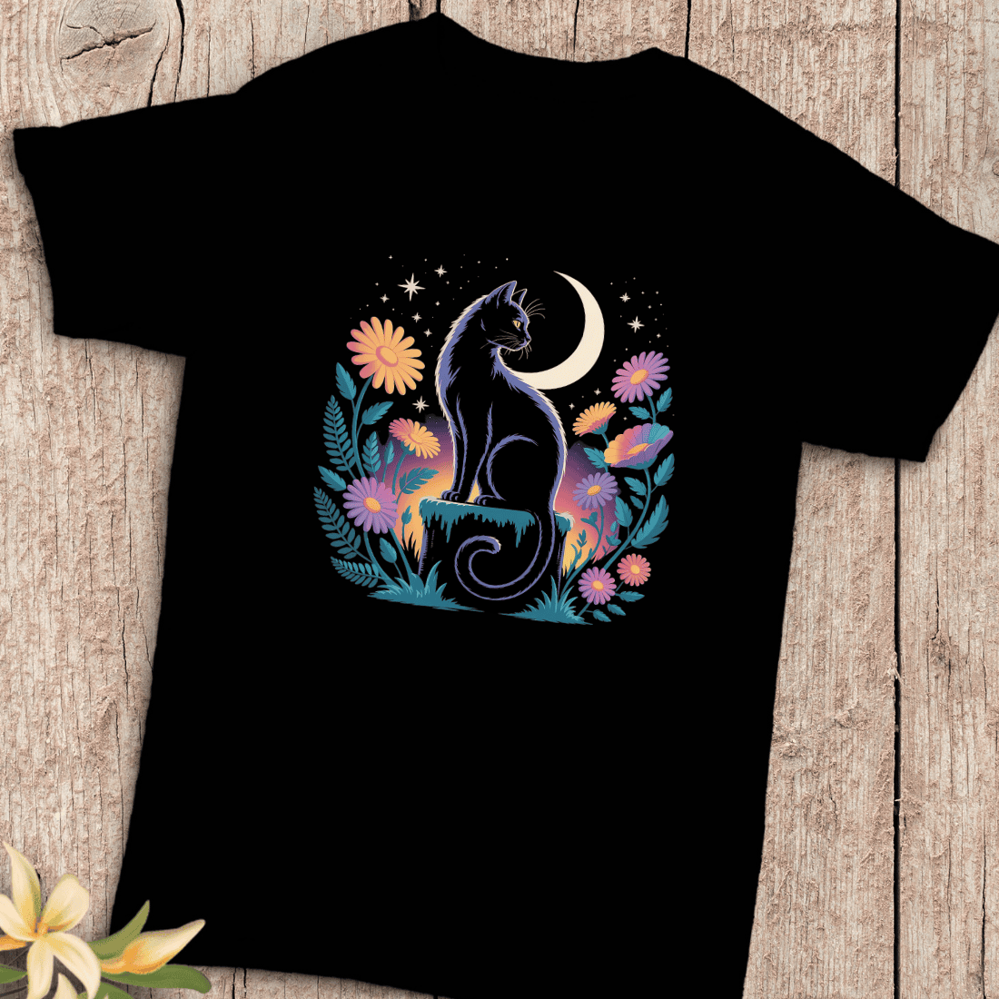 Gothic Style Black Cat in a Floral Garden T-shirt Design - MasterBundles