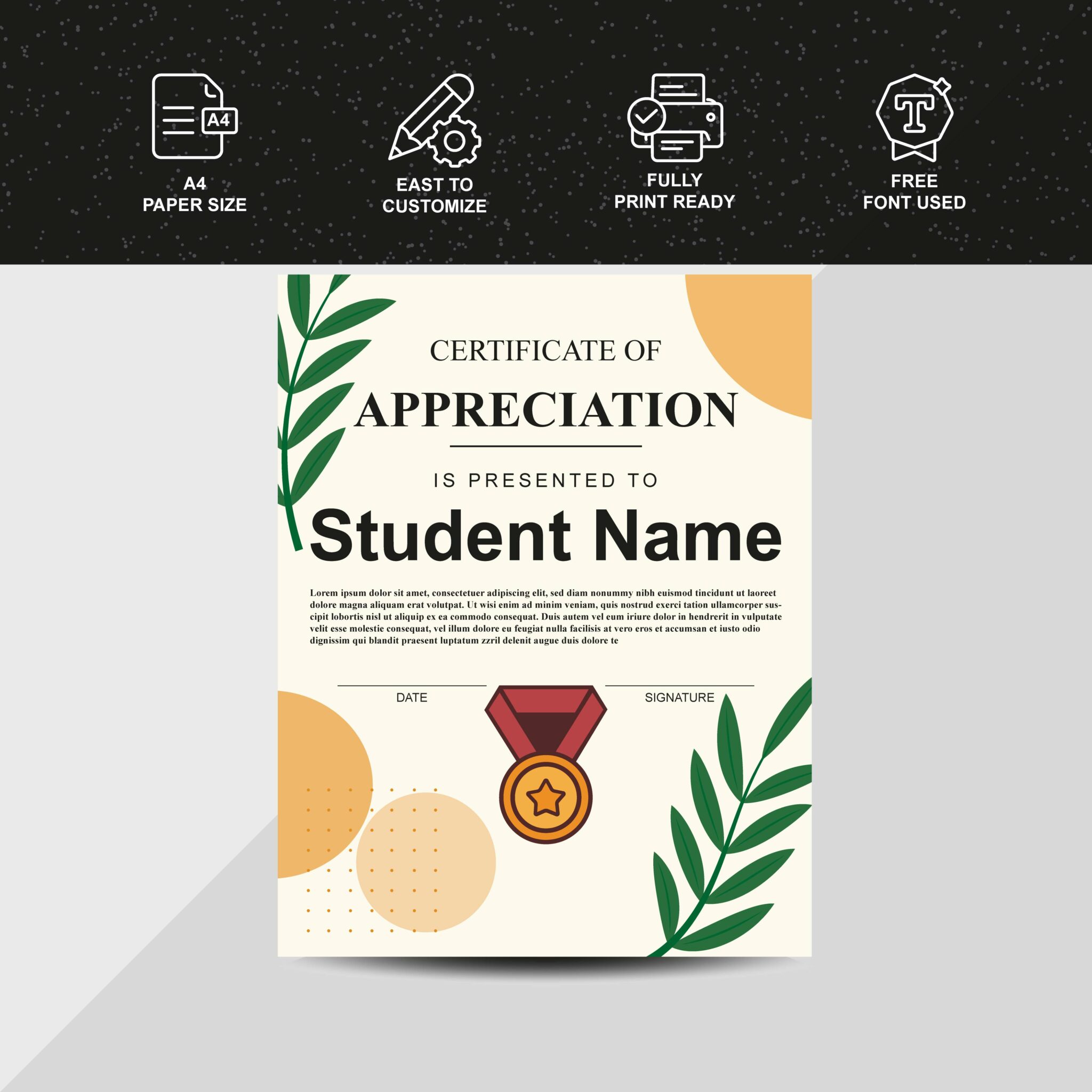 Modern Student Certificate of Appreciation with Leaf Motif and Abstract ...