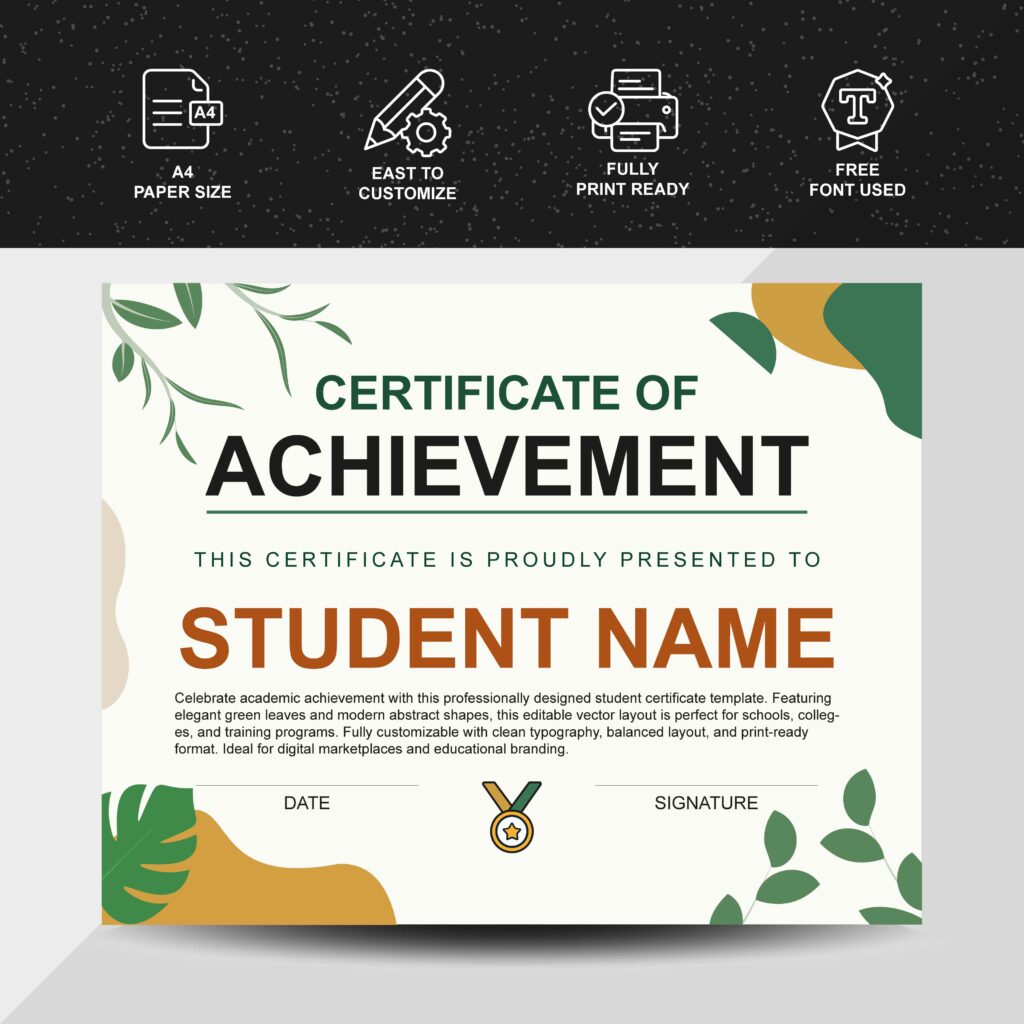 Modern Student Certificate Template with Leaf Motifs and Abstract ...