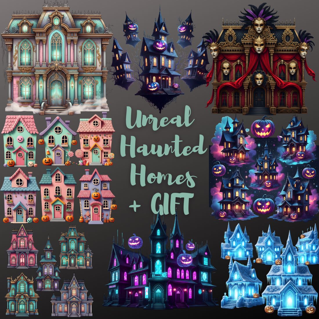 Unreal Haunted Homes Sticker Pack + Bonus Gift | Halloween House PNG Bundle - MasterBundles