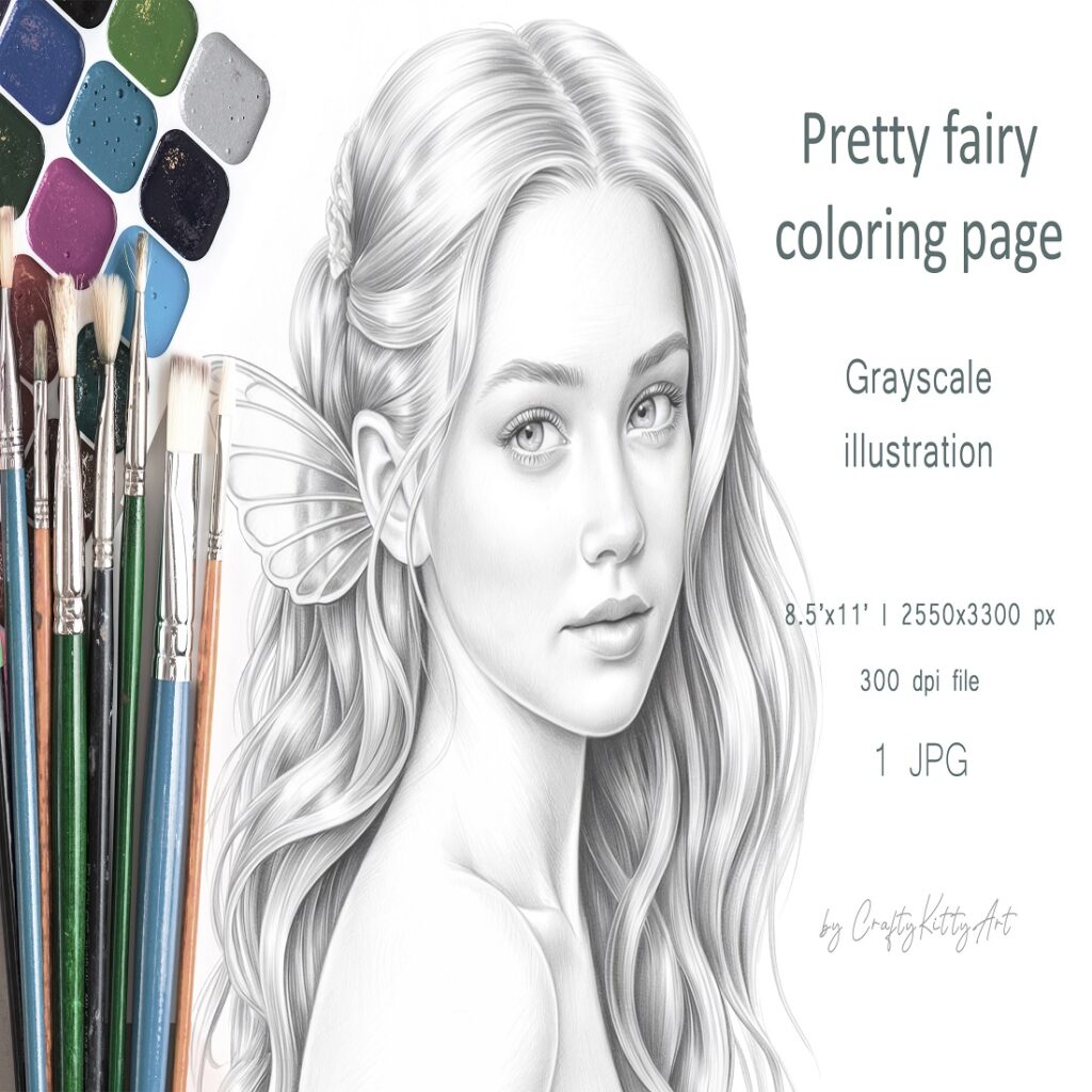 Beautiful fairy coloring page, Girl with long hair portrait - MasterBundles