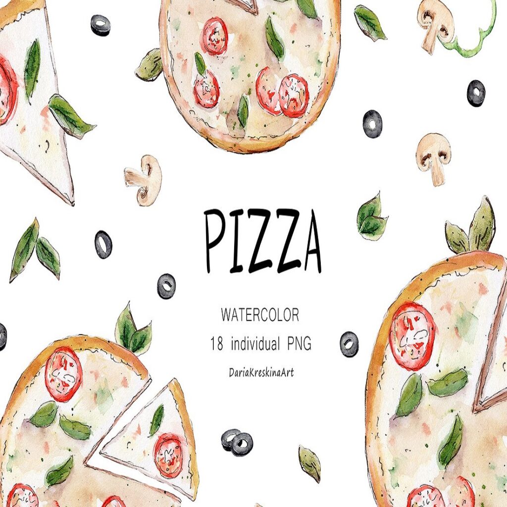 Italian Food Clipart Pizza Party Watercolor, Pizza Slice - MasterBundles