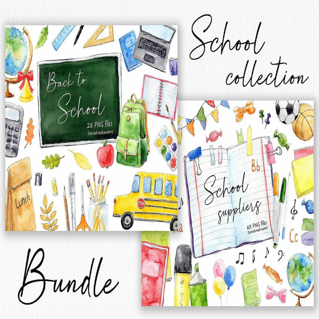Watercolor School Clipart Bundle School Supplies Clipart - MasterBundles
