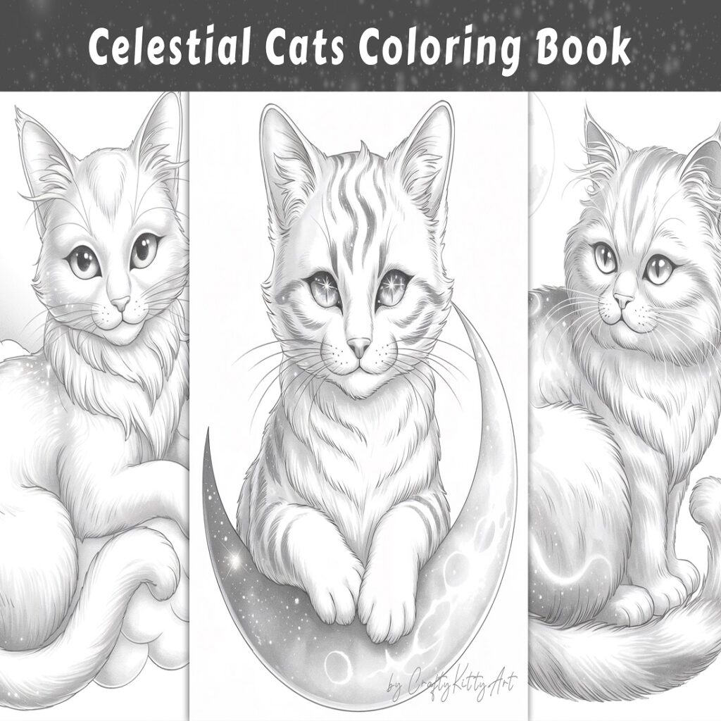 Celestial cats coloring book, Coloring pages for adults - MasterBundles