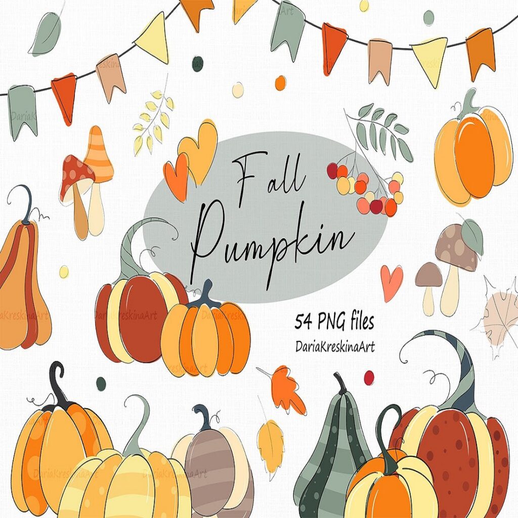 Cute autumn Pumpkin clipart, fall leaves and mushrooms - MasterBundles