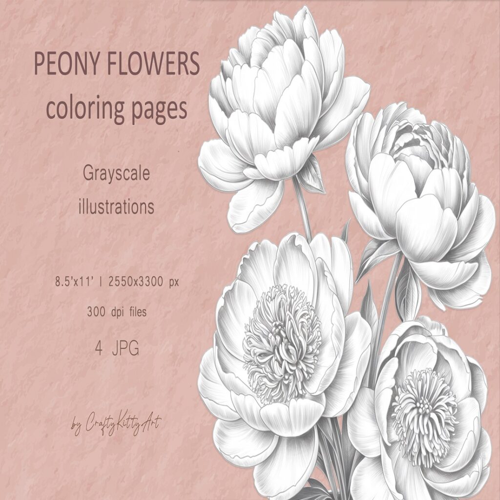 Peonies coloring pages for adults, Spring garden floral page ...