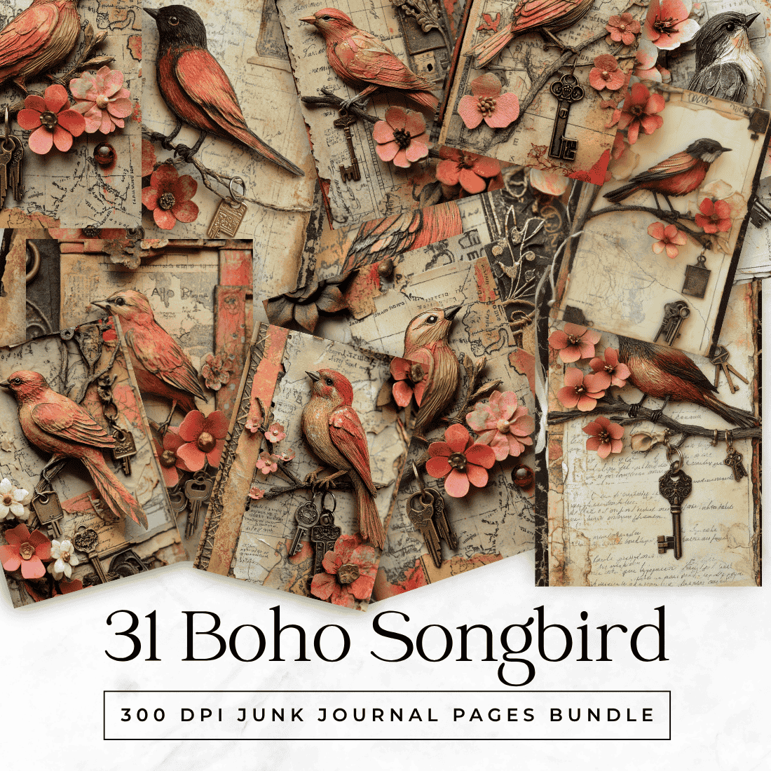 31 High-Quality Vintage Bird Junk Journal Pages Bundle - MasterBundles