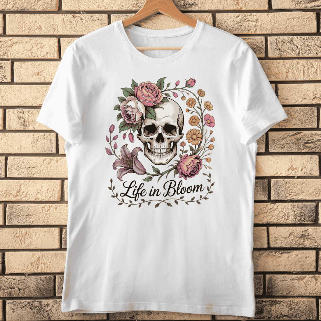 Vintage Gothic Skull with Pastel Flowers T-Shirt Design - MasterBundles