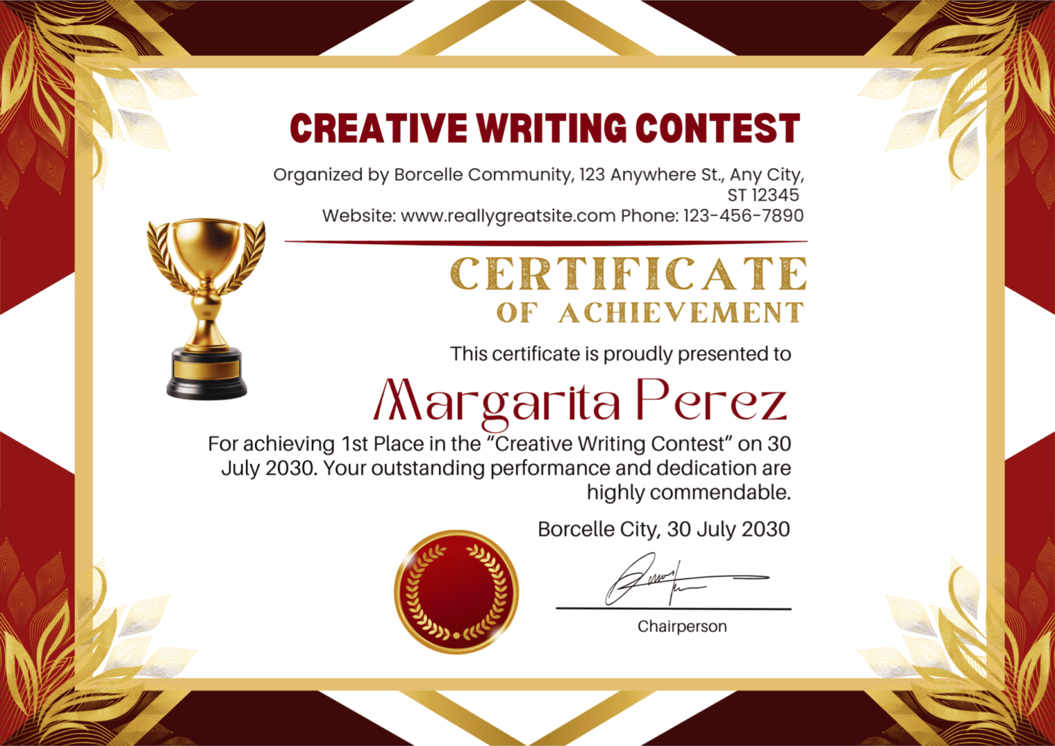 Certificate of Achievement for Exceptional Creativity in Writing ...