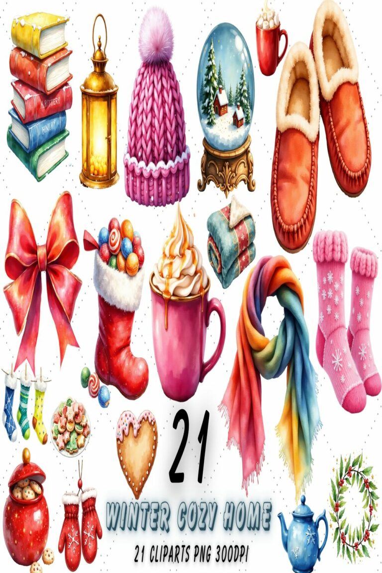 Cozy Winter Home Clipart Bundle | Vibrant Watercolor Glow PNG ...