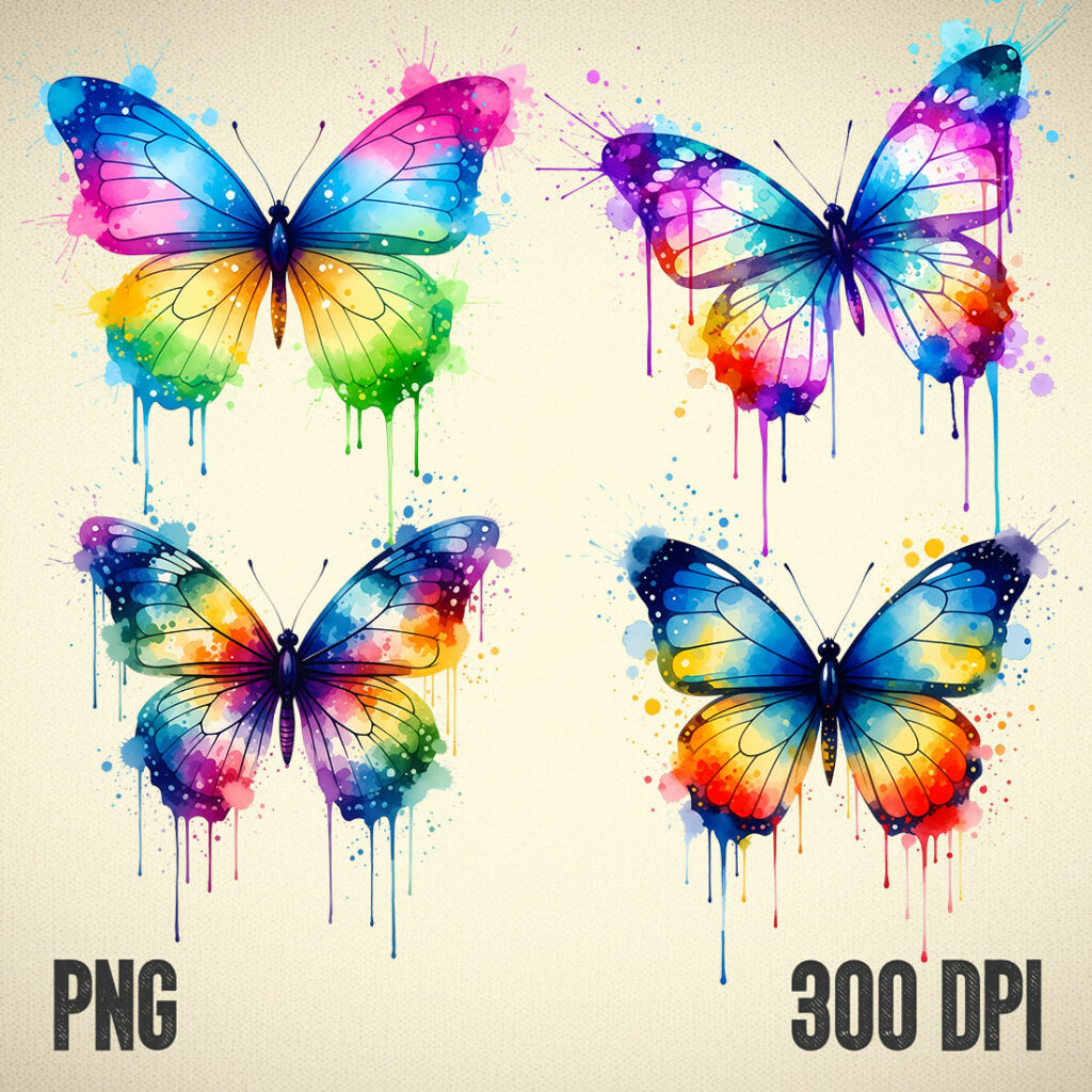 Colorful Watercolor Butterfly Clipart Set – 4 PNG, 300 DPI, Transparent ...