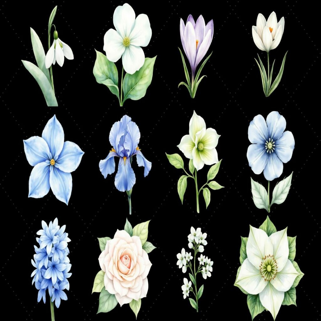 Winter Flowers Watercolor Clipart Bundle | Icy White & Blue - MasterBundles