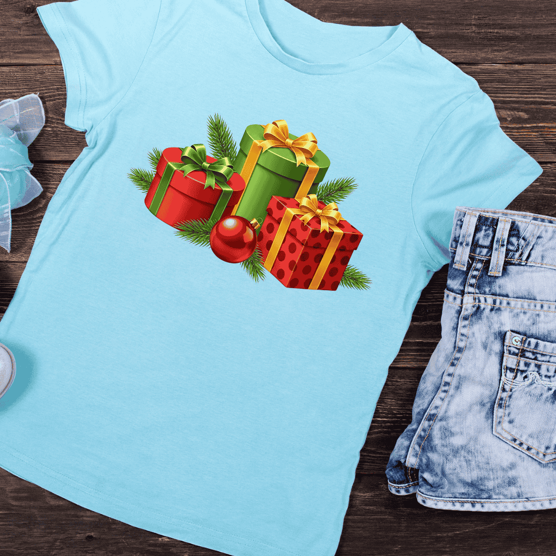 Red and Green Festive Presents Stack with Gold Ribbons T-Shirt Design ...