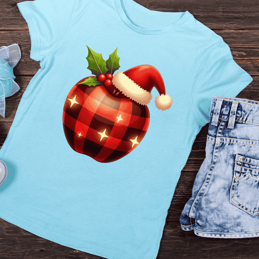 Festive Plaid Apple with Santa Hat T-Shirt Design - MasterBundles