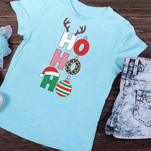 Vertical Ho Ho Ho Slogan with Santa Hat and Holiday Baubles T-Shirt ...