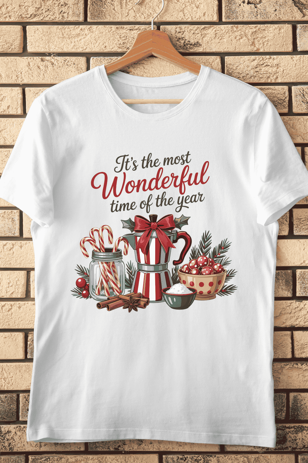 Retro Festive Quote with Cocoa Pitcher and Candy Canes T-Shirt Design ...