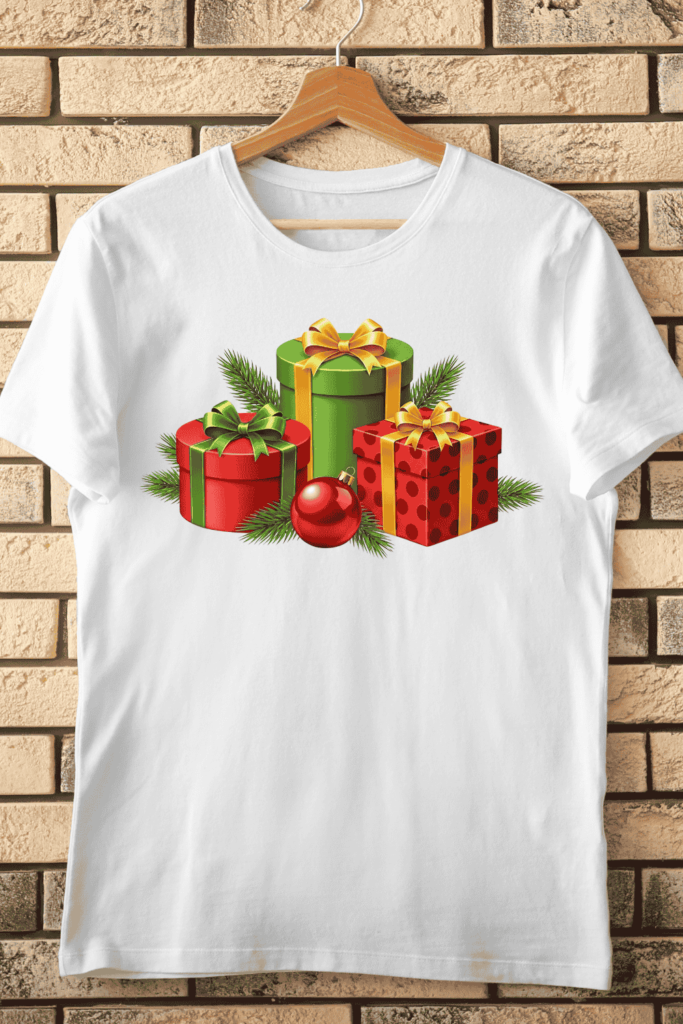 Red and Green Festive Presents Stack with Gold Ribbons T-Shirt Design ...