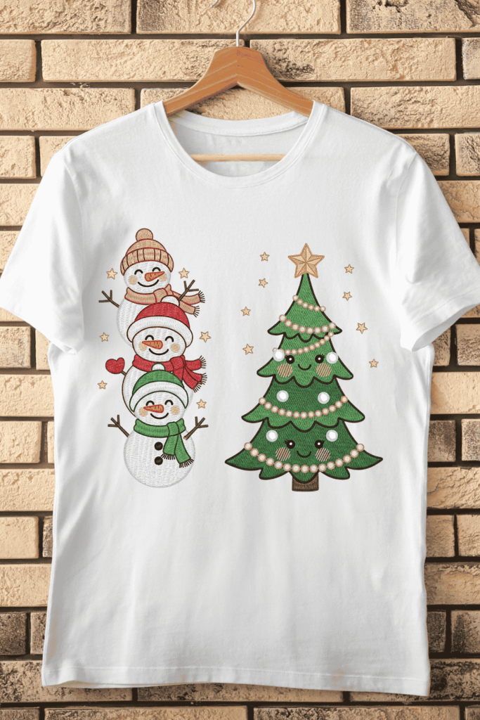 Cute Pine Tree and Snowmen Stack T-Shirt Design - MasterBundles