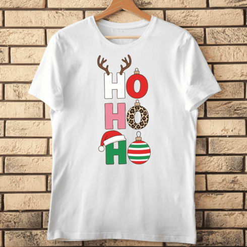 Vertical Ho Ho Ho Slogan with Santa Hat and Holiday Baubles T-Shirt ...