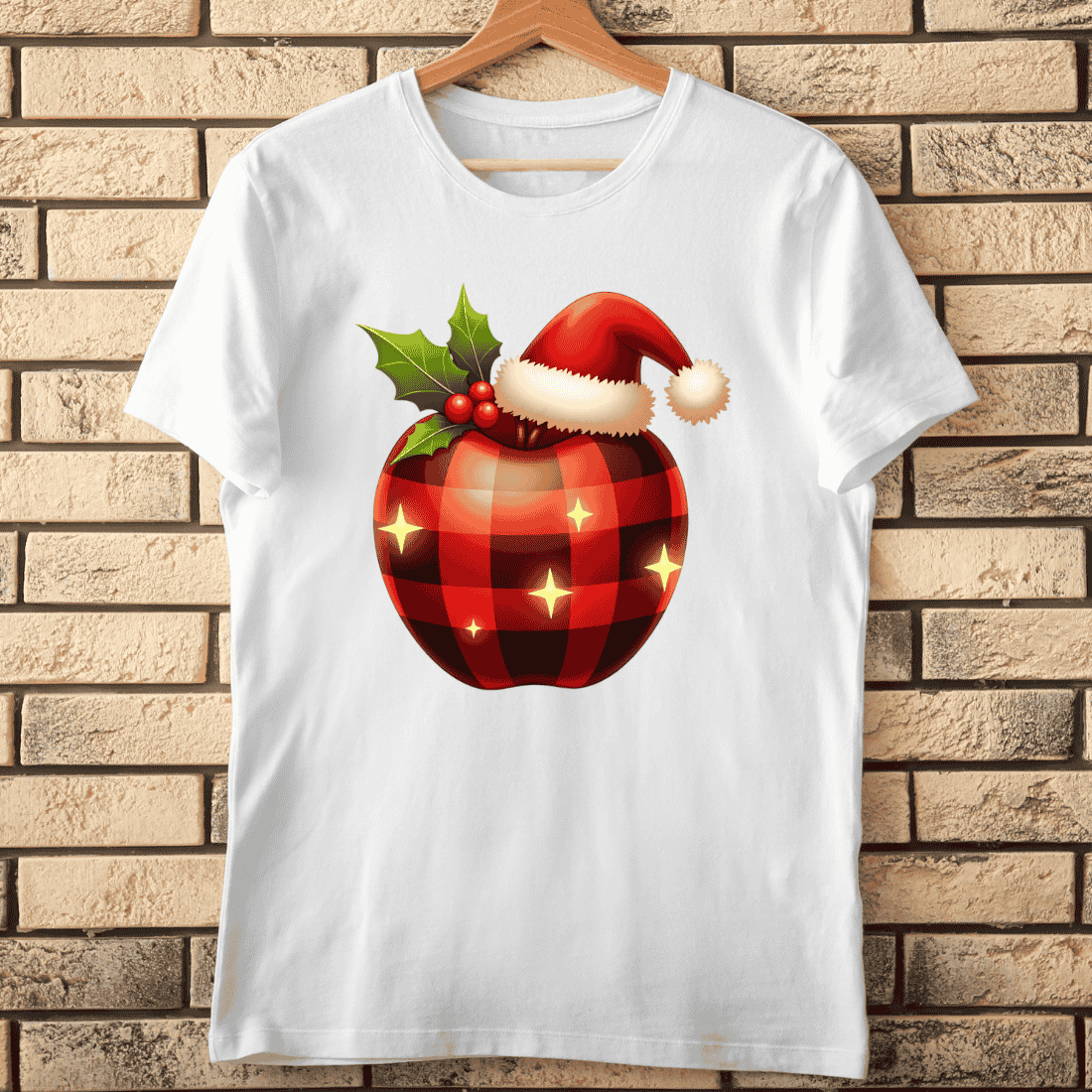 Festive Plaid Apple with Santa Hat T-Shirt Design - MasterBundles