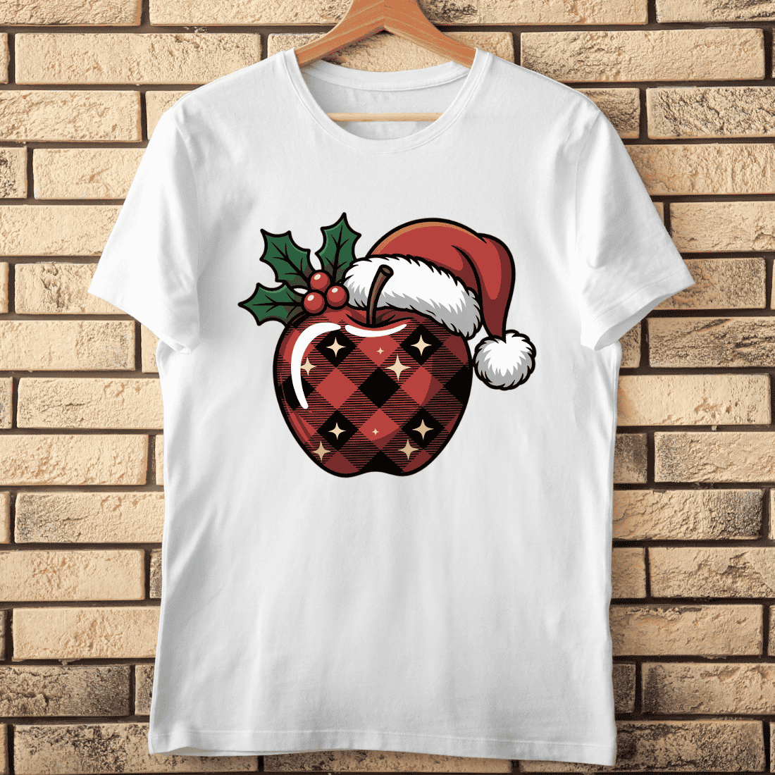 Festive Buffalo Plaid Apple with Santa Hat T-Shirt Design - MasterBundles