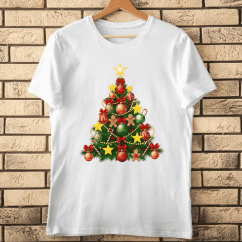 Festive Holiday Pine Tree with Red and Green Baubles T-Shirt Design ...
