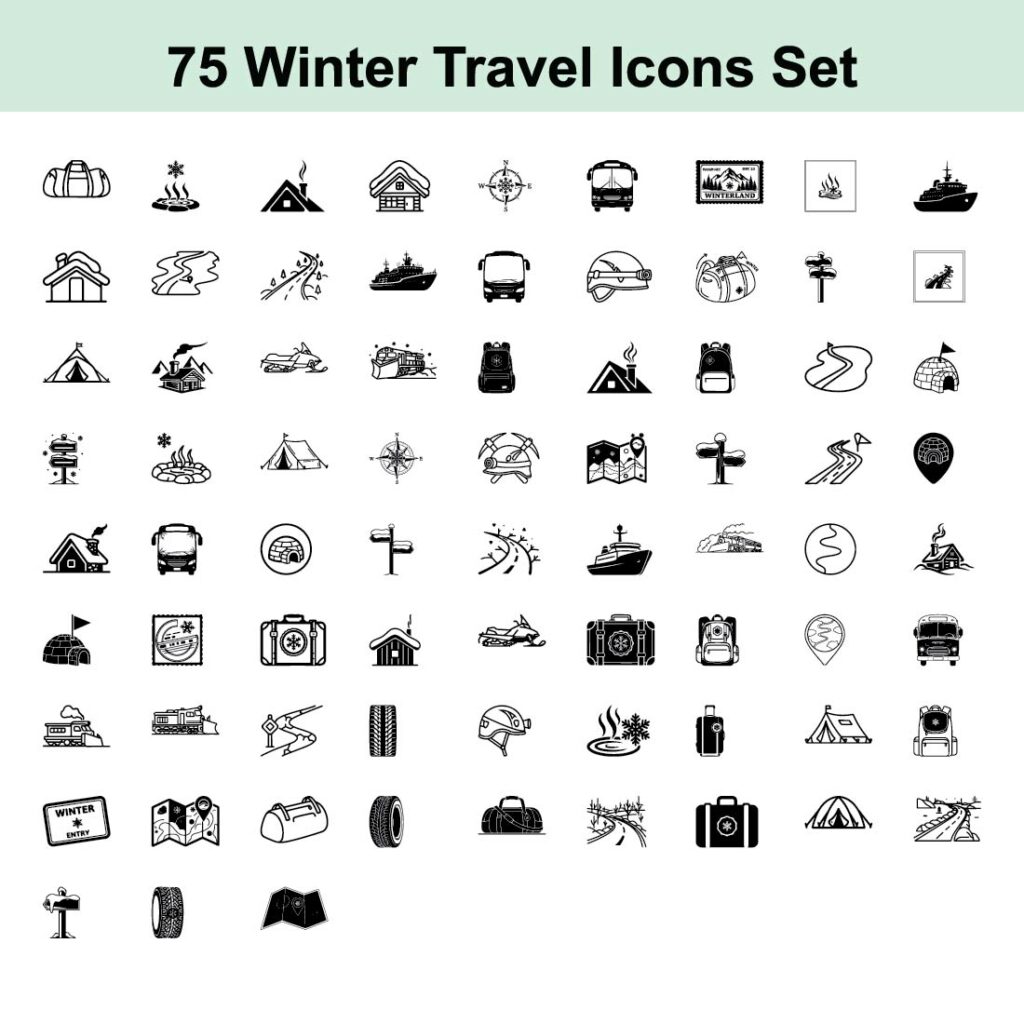 Collection of 75 Black and White Winter Travel Icons Set Featuring ...